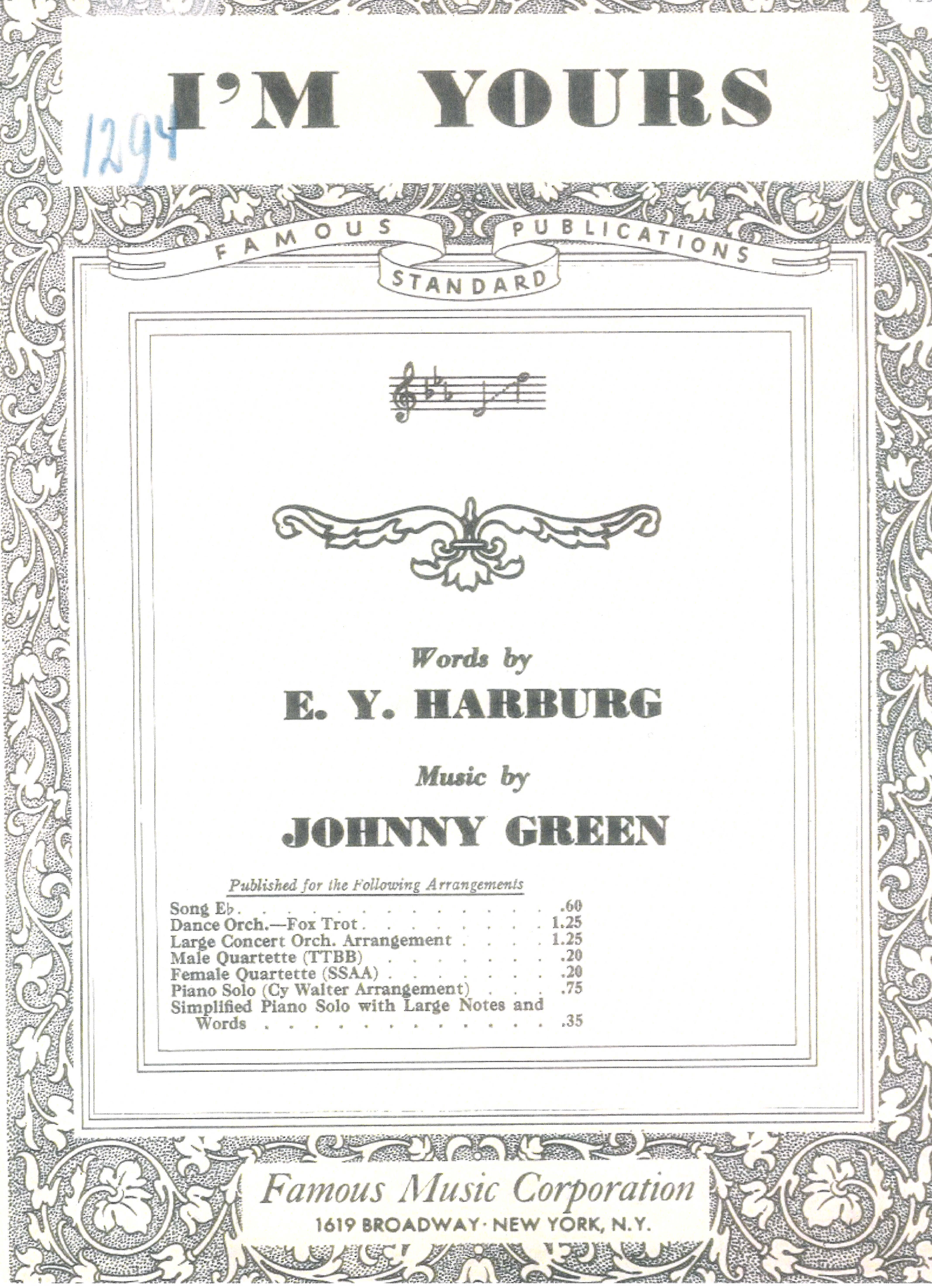 Johnny Green: I'm Yours (Piano/Vocal/Guitar) Digital Sheet Music Download | Faber Music